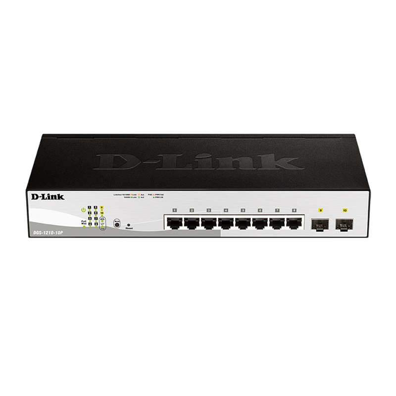 D-Link DGS-1210-10/E 10 port Gigabit L3-lite upravljiv 19"/1U rackmount svič, 8xRJ-45+2xSFP, VLAN (Voice & Surveilllance), 802.3ad agregacija, MSTP, QoS, Static rute, ACL, RADIUS & 802.1X AAA, Dua...