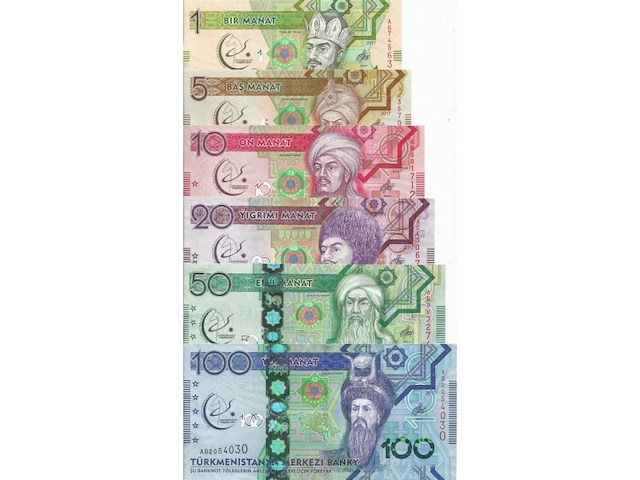 Turkmenistan 1 - 5 - 10 - 20 - 50 - 100 manat 2017.