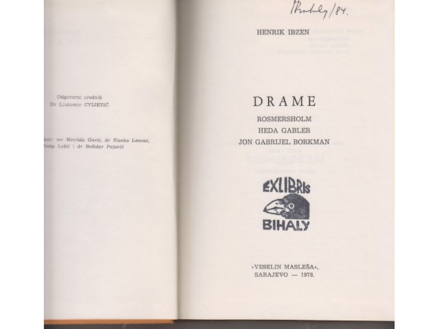 DRAME 1-2 / Henrik Ibzen - exlibris + potpis P.BIHALY