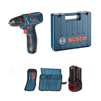 Bosch GSR 120-Li akumulatorska bušilica-odvrtač + 11-delni set bitova + 12-delni set burgija + POKLON Chamlang duboke cipele 06019F7004