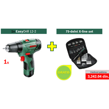 Bosch akumulatorska dvobrzinska bušilica-odvrtač EasyDrill 12-2 + POKLON Bosch 75-delni X - line set