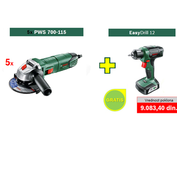 5 x Bosch ugaona brusilica PWS 700-115 + POKLON akumulatorska bušilica-odvrtač Bosch EasyDrill 12