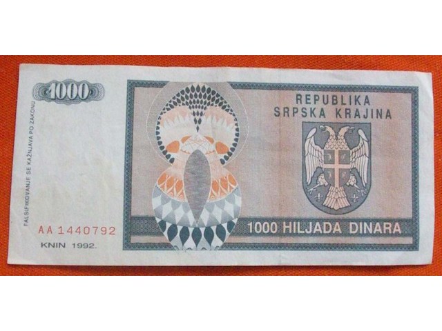 Republika Srpska Krajina - 1000 dinara (1992.) -Retko-