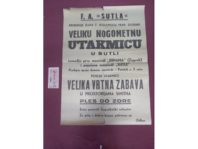 FUDBAL: SUTLA - DINAMO (Zagreb) 07.08.1949 - PLAKAT