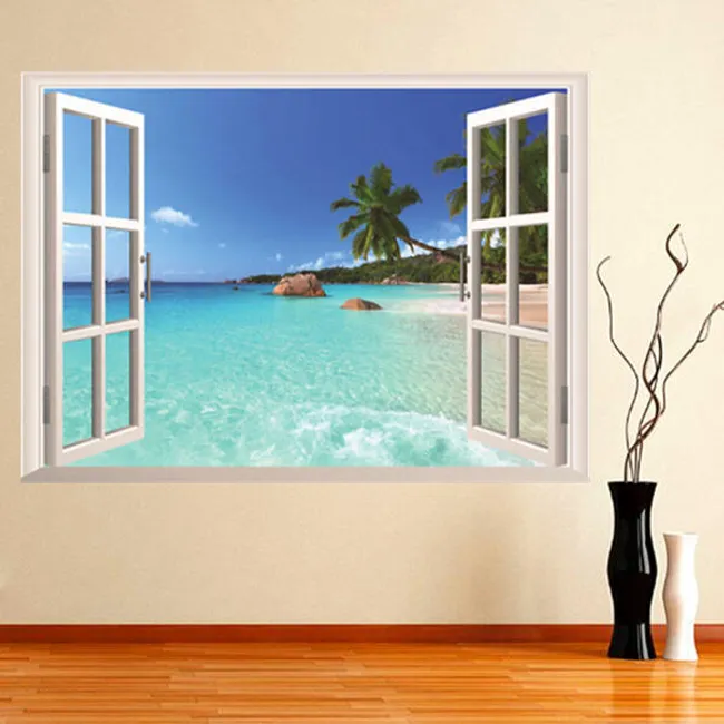 3D nalepnica na zid - pogled sa prozora na plažu