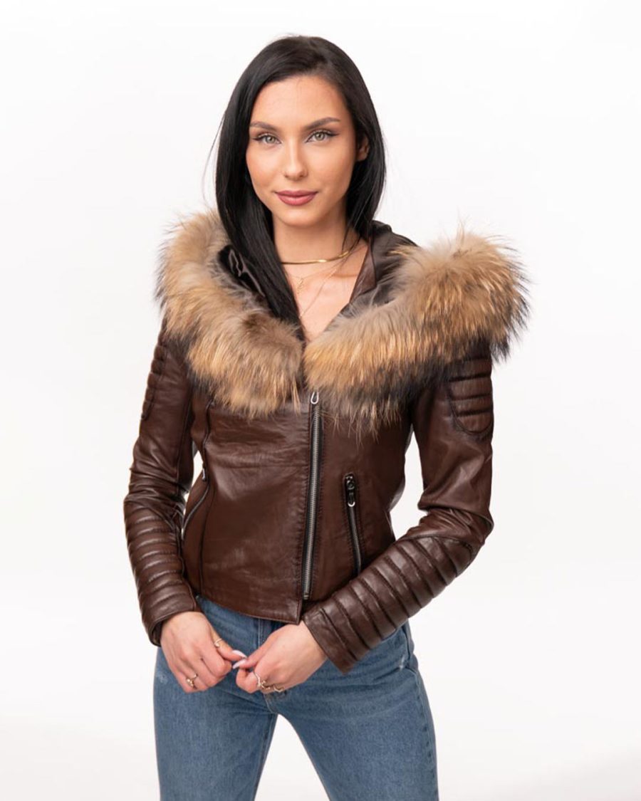 Ženska kožna jakna sa krznom – Nicole – Tamno braon melirana, natur krzno