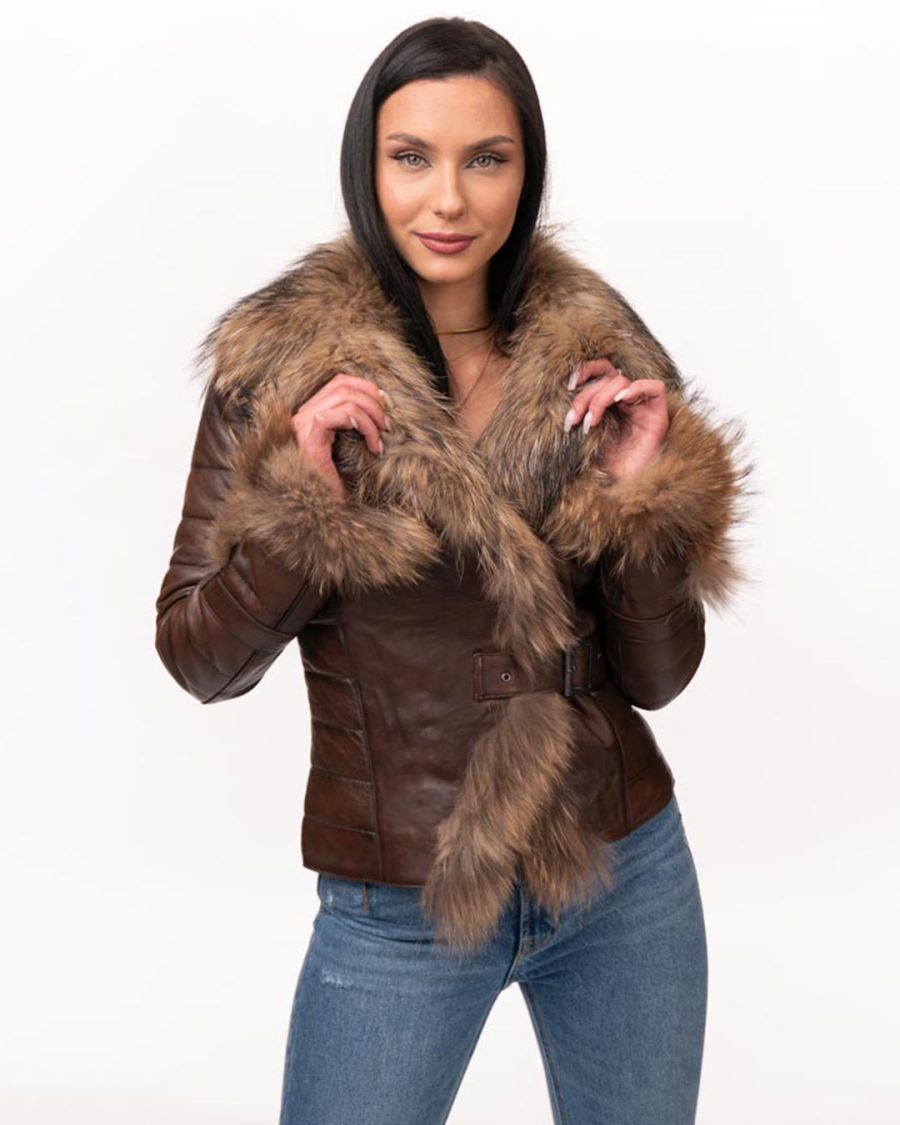 Ženska kožna jakna sa krznom – Vanessa – Tamno braon melirana, natur krzno