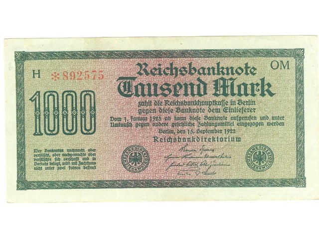 Nemacka 1000 maraka 1922 aUNC/XF