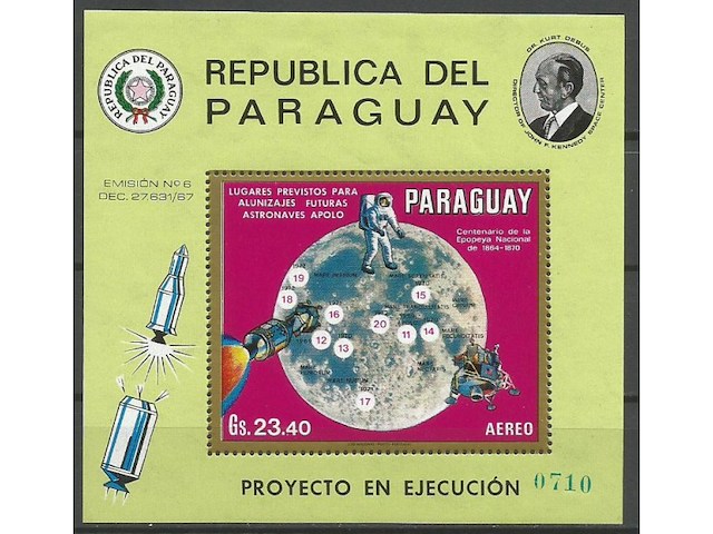 Paragvaj,Apolo program-Karta Meseca 1970.,blok,čisto