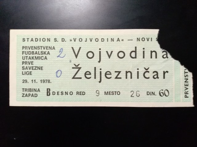 FUDBAL: VOJVODINA - ZELJEZNICAR (Sarajevo) 29.11.1978