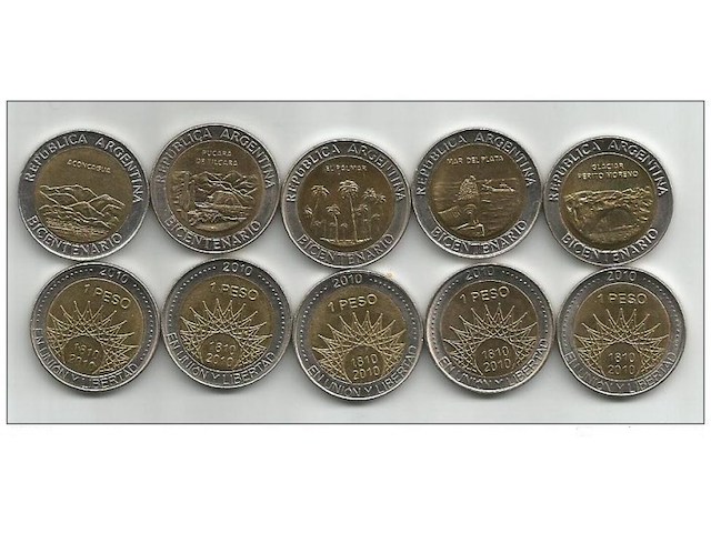 Argentina 2010. Bicentenario 5 x 1 peso set UNC