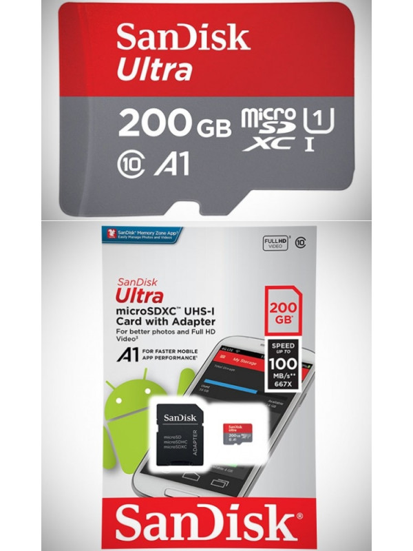 SanDisk SDXC 200GB Ultra Android Mic.100MB/s A1Class10 UHS-I +Adap.