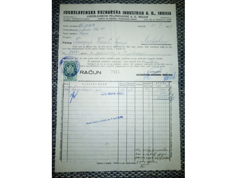 Racun iz 15.05.1939 god.