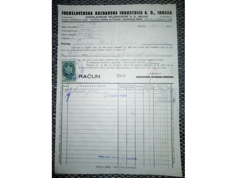 Racun iz 26.10.1937 god.