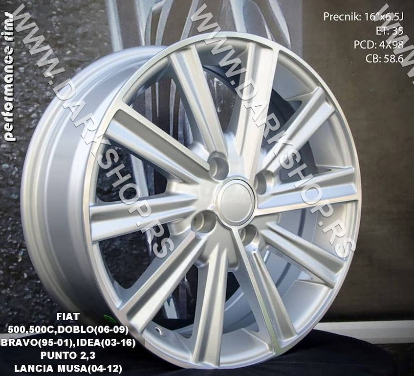 16 ALUFELNE 4X98/6,5JOTA/ET 35/CB 58,6 ZA FIAT 500,DOBLO,PUNTO,