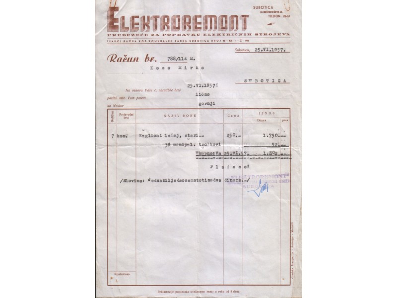 Elektroremont Subotica, 1957. Račun + otpremnica