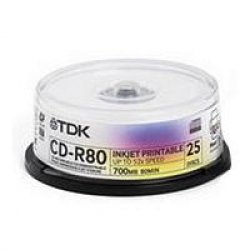 Prazni diskovi TDK CD-R - 700MB (80Min) 52x, cake box, spindle, InkJet portable, 25 kom (CD-R80PWWCBA25-V*X)