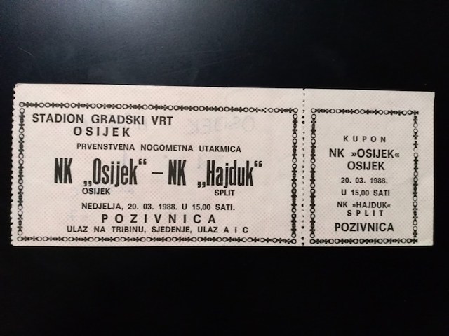 FUDBAL: OSIJEK - HAJDUK (Split) 20.03.1988 - POZIVNICA