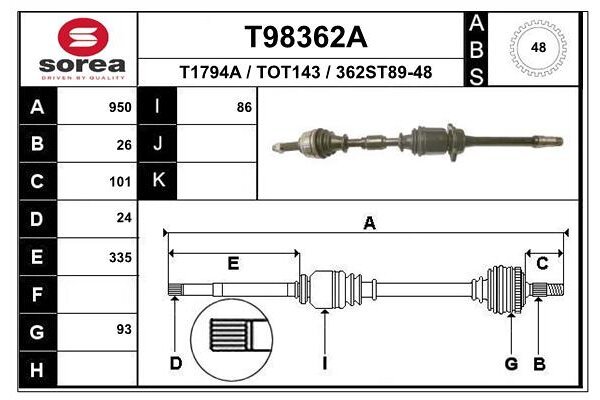 Poluosovina (prednja, desna) T98362A - Toyota Corolla Verso 01-09 (samo po porudžbini)