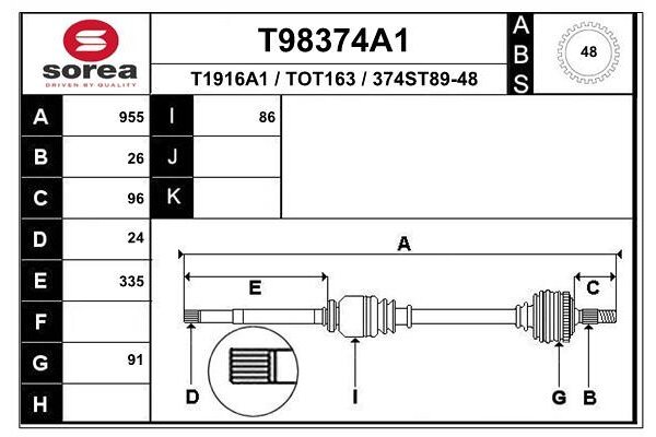 Poluosovina (prednja, desna) T98374A1 - Toyota Avensis 03-08 (samo po porudžbini)