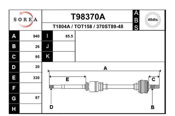 Poluosovina (prednja, desna) T98370A - Toyota Celica 94-99 (samo po porudžbini)