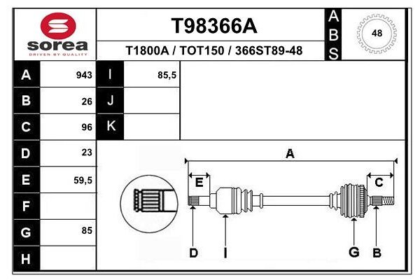 Poluosovina (prednja, desna) T98366A - Toyota Celica 94-99 (samo po porudžbini)