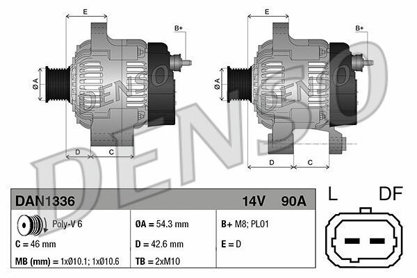 Alternator Citroen, Fiat, Lancia, Peugeot, 90 A, 54,3 mm