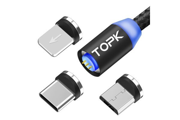 Magnetni kabal 3u1, 2.4A, mikro USB, USB C i 8 pin, crna boja