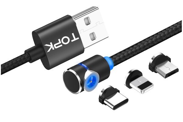 Magnetni kabal USB + micro USB, USB C i 8 pin, povezivanje za 90° + rotacija za 360°, crna boja  Video