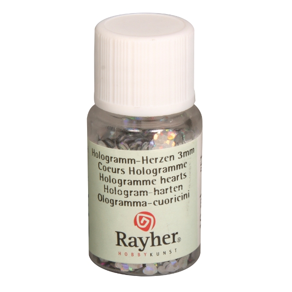 Rayher Hologramme hearts, 3 mm, silver, bottle 10 ml, PET