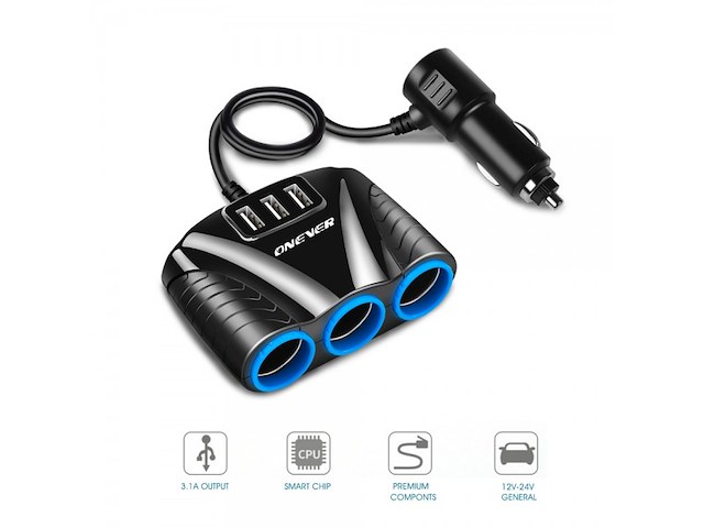 Adapter za Auto upaljac 12V-24V - 120W, USB 3 izlaza 5V