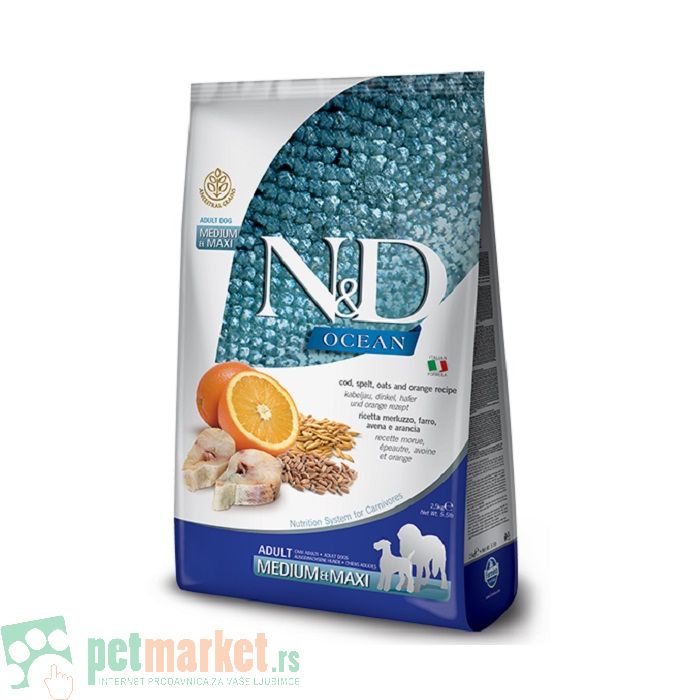 N&D Ocean: Hrana za pse Medium/Maxi Adult, Pomorandža i Bakalar, 12 kg