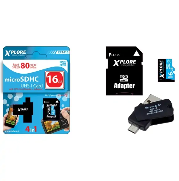 Micro SDHC kartica 16GB sa adapterom i čitačem XP1410 Xplore