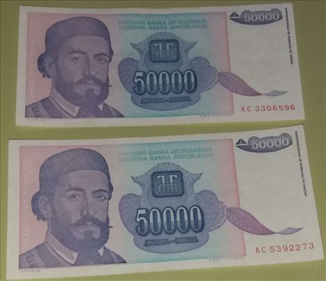 50.000 dinara-Njegoš-1993-XF/UNC- Lot 2 kom.-