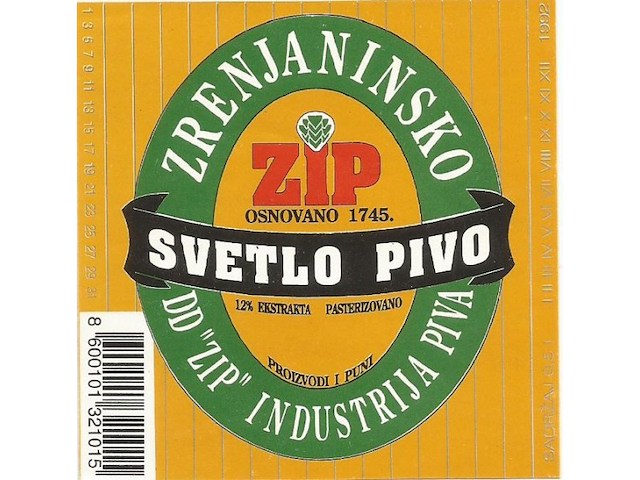Zrenjaninsko Svetlo Pivo etiketa iz 1992.