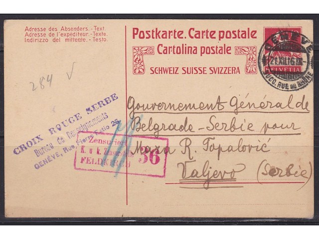 WWI1916 Cenzurisana karta poslata iz Zeneve za Valjevo