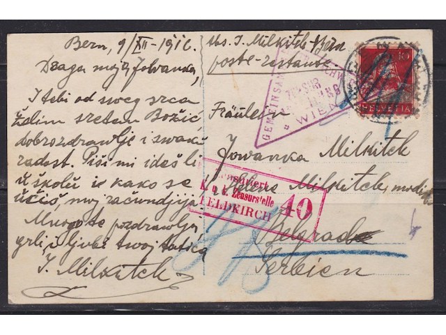 WWI Svajcarska Srbija 1916 cenzurisana razglednica