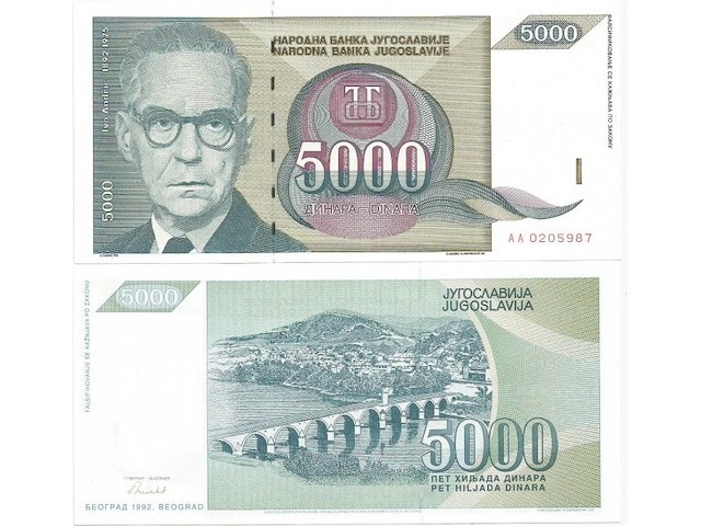 Jugoslavija 5000 dinara 1992. UNC P-115 AA serija