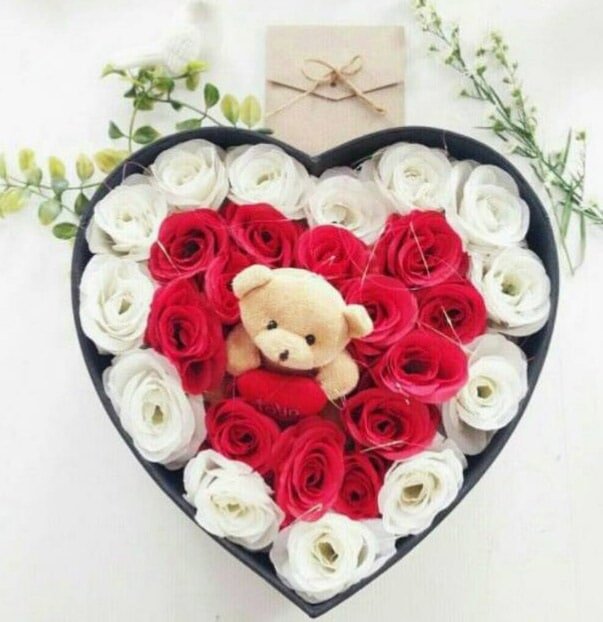 13 belih i 12 crvenih ruža u obliku srca sa plišanim medom