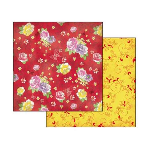 PAPIR ZA SCRAPBOOKING - Flowers on red background 30.5 x 30.5cm