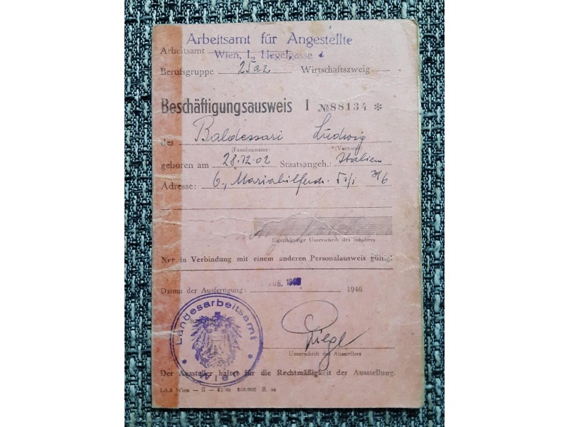 Kartica za zaposljavanje iz 1946 god.