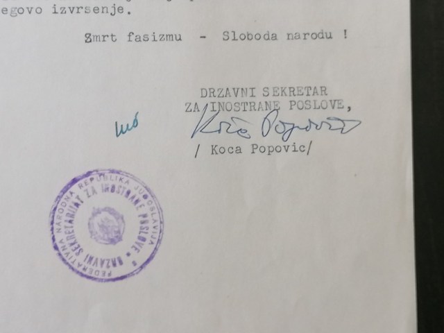 KOCA POPOVIC - ORIGINALNI POTPIS 1955