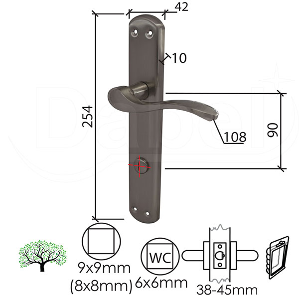 Kvaka šild za vrata JELENA B-Ni 90/42/254/10/108/8/9 WC 6x6mm DBP0