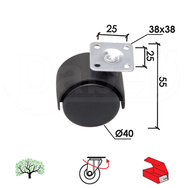 Točkić rotirajući T4101 Crna fi40x55/38×38/25x25mm
