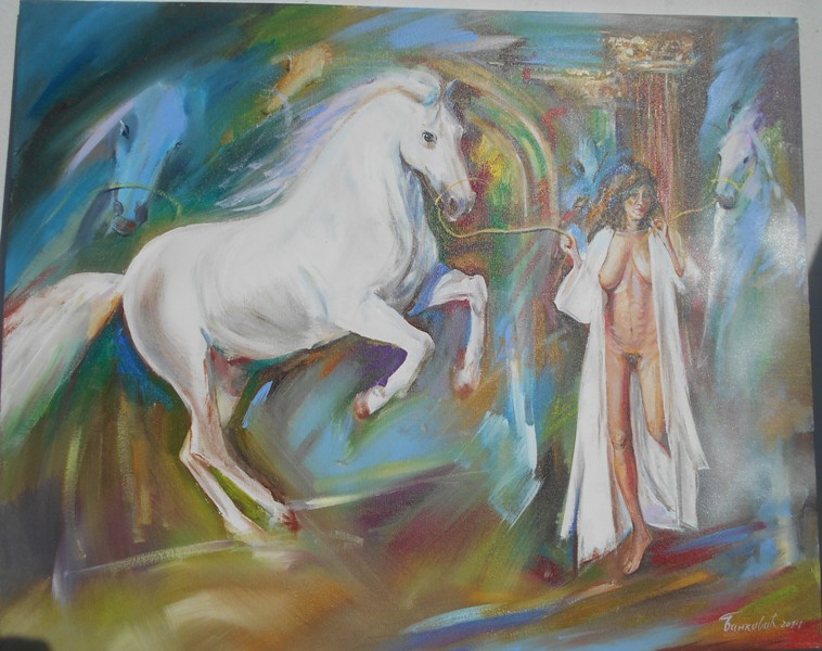 Konj i devojka, ulje na platnu, 80×66 cm, akademski sl. Goran Bankovic, sertifikat, 23600 dinara