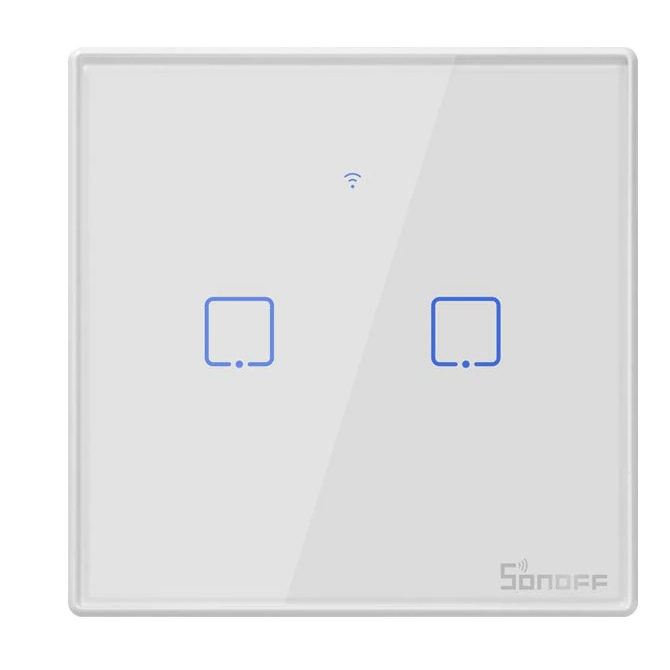 SONOFF T2-TX smart-home zidni prekidač dvostruki, belo staklo sa LED indikacijom, 86x86mm, RF 433MHz & WiFi 2.4GHz kontrola, timer i smart scenarija, besplatna eWeLink app, Amazon Alexa / Google A...