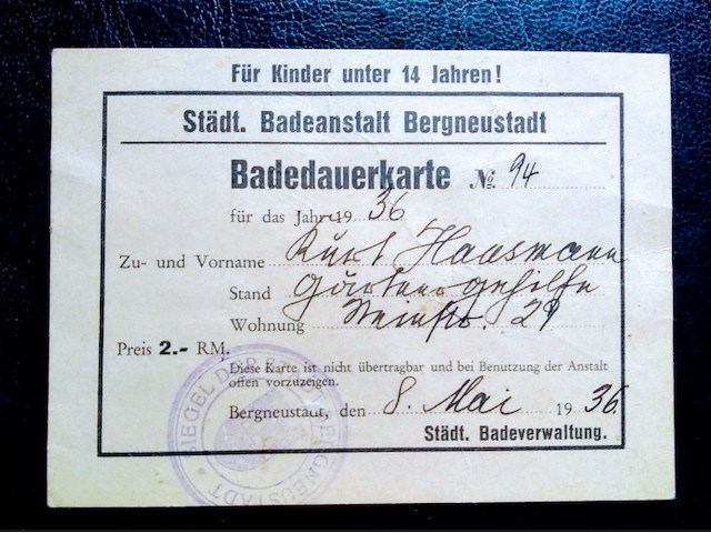 D.Reich karta za kupatilo Bergneustadt 1936