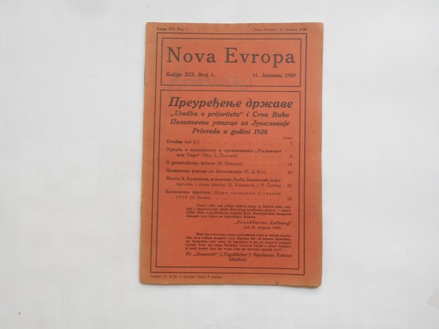 Nova Evropa br.1/XIX, 11.1.1929. Preuređenje države,