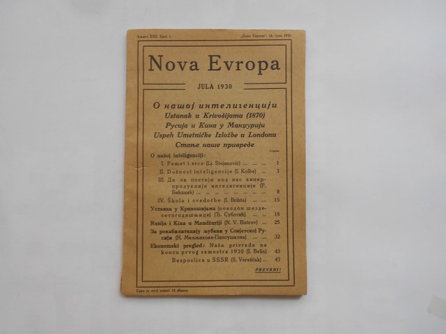 Nova Evropa  lul 1930. O našoj inteligenciji,Stanje naš