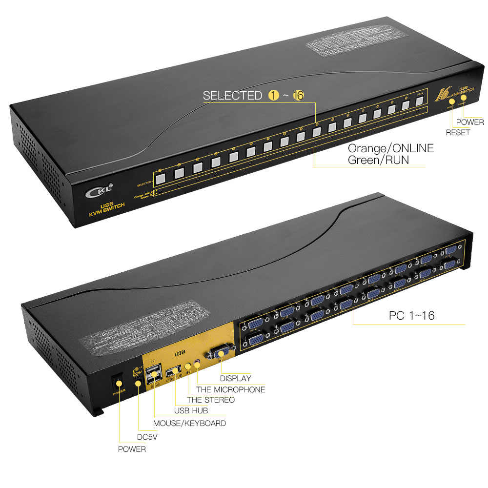 KVM VGA svič CKL-9116UA 16 ports USB + 16 cables 1.8m - podržava rezoluciju do 2048x1536p (85Hz), izlaz za audio & mikrofon, rackmount 19", svič: push button/hotkey/OSD